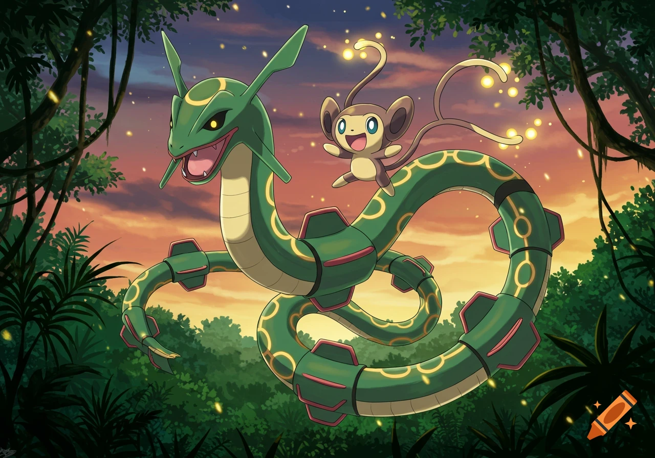 Charizard and Rayquaza fly in vibrant orange sunset clouds over a green ...