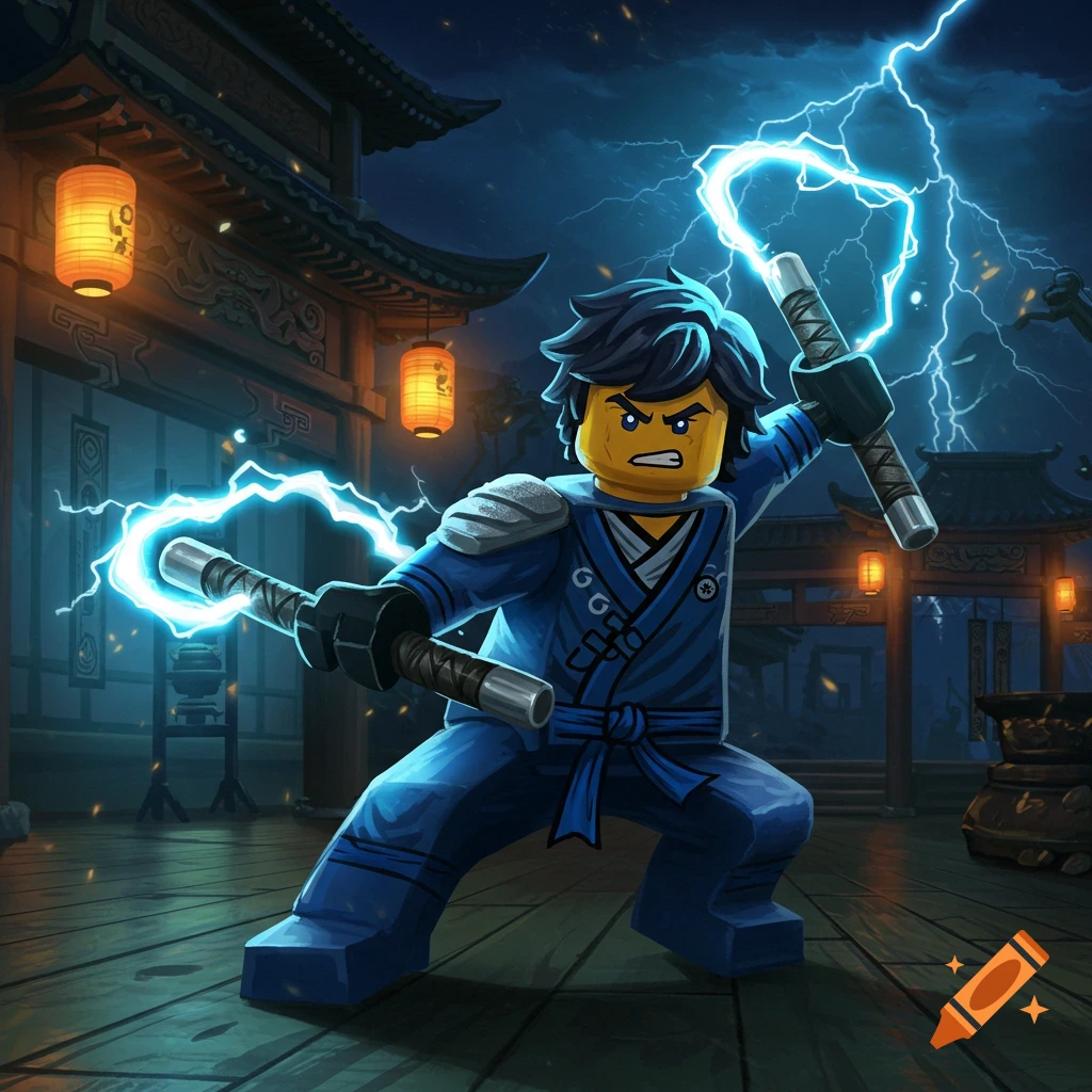 A Lego Ninjago character in a black gi holds a glowing scythe in a ...