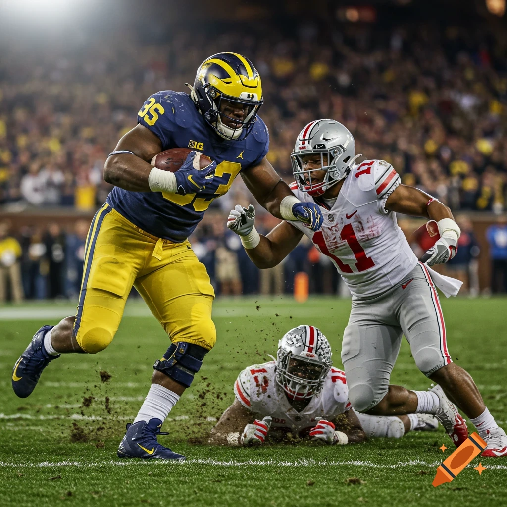 Illustration of a Michigan football player stepping over an Ohio State ...