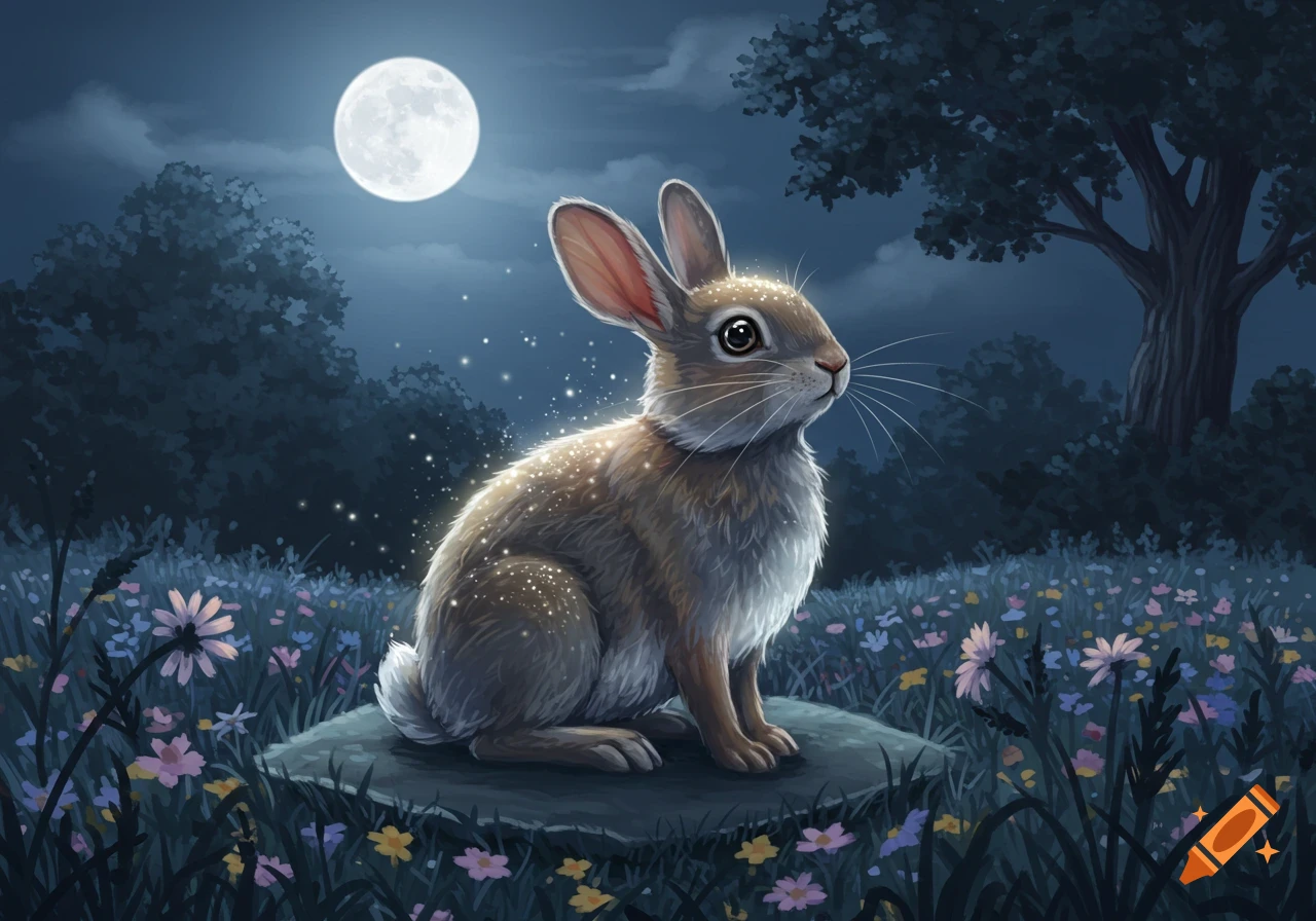 A white bunny sits in a lush field of colorful wildflowers and tall ...