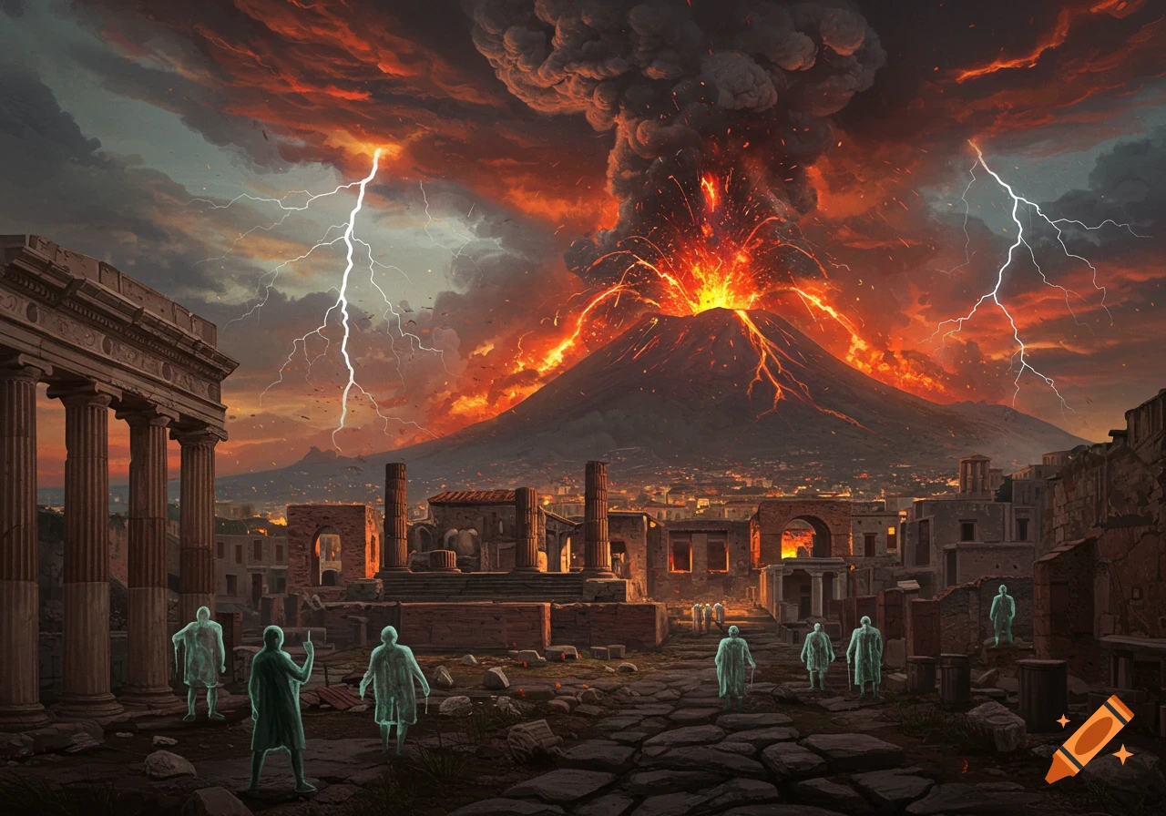 Dramatic painting of Mount Vesuvius erupting over the ruins of Pompeii ...