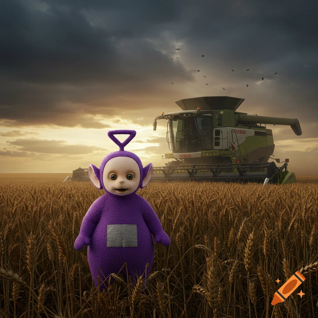 A purple Teletubby stands in a golden wheat field under a stormy sky ...