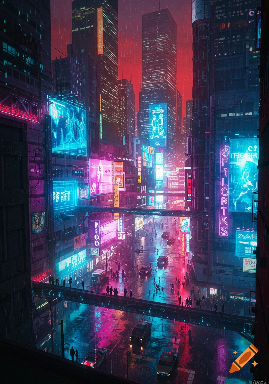 A futuristic cyberpunk city at night, illuminated by glowing neon ...
