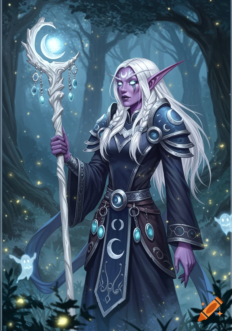 A male elf warrior in elaborate silver and teal armor holds a glowing ...