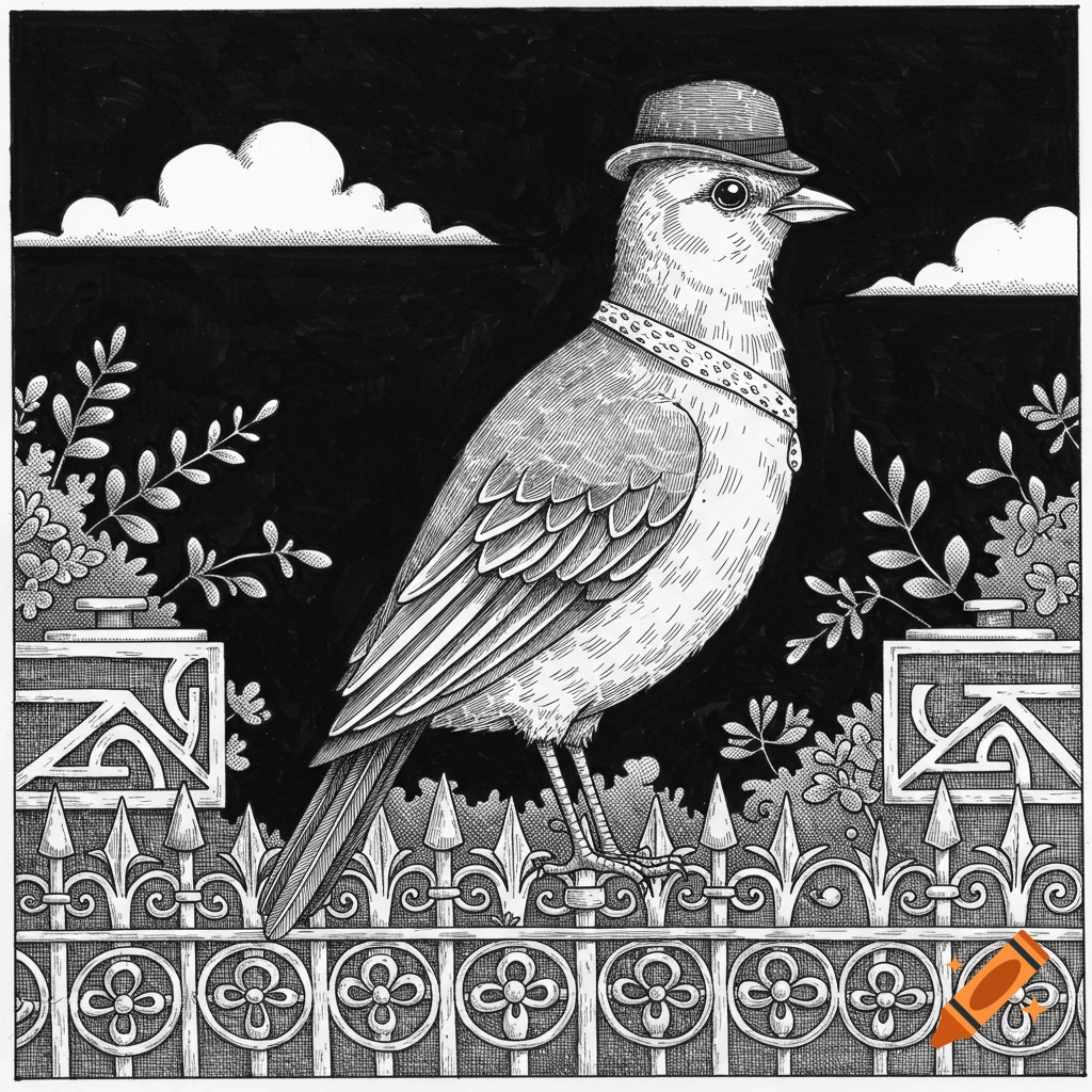 Black and white line drawing of a bird with antlers perched on the ...