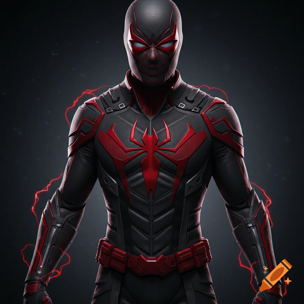 A detailed, dark matte black superhero suit with red accents and a ...