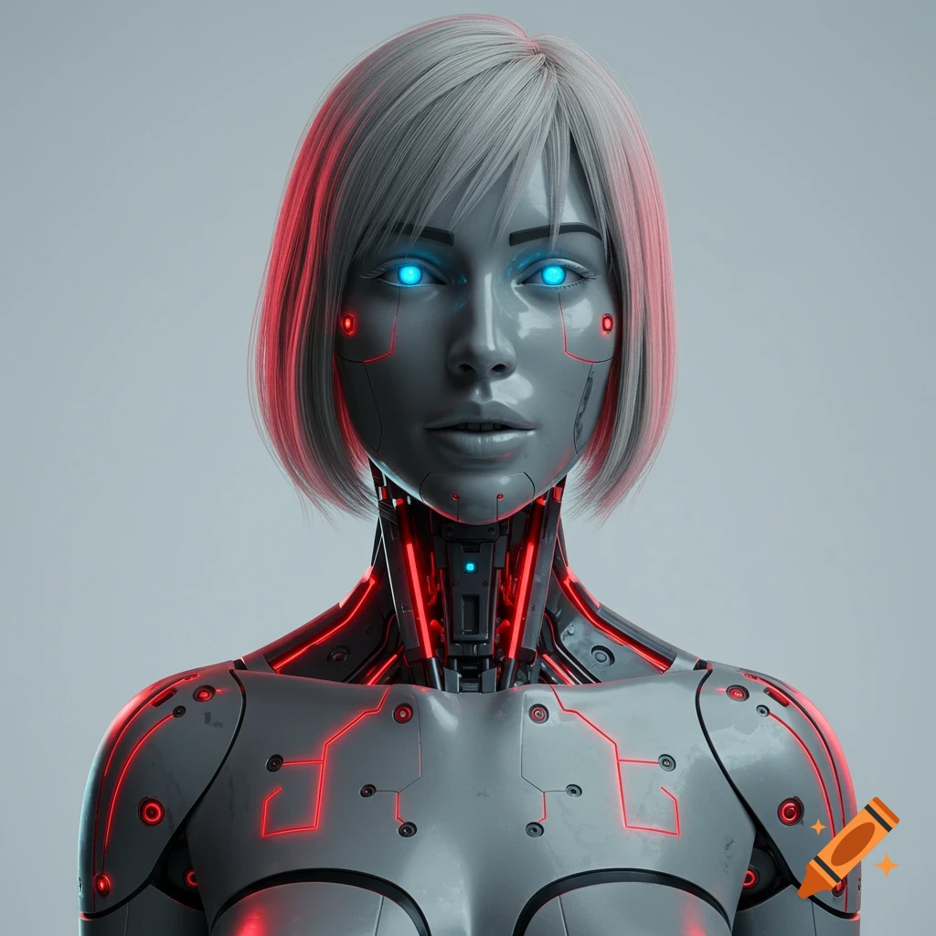 Close-up photorealistic portrait of a female robot with white hair, glowing blue eyes, and red ...