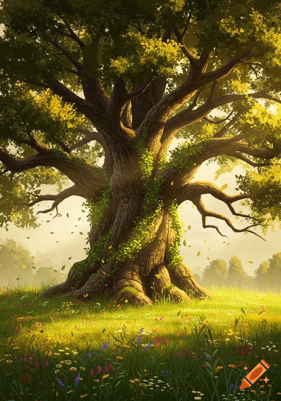 Photorealistic image of a large, majestic tree with green leaves in a ...