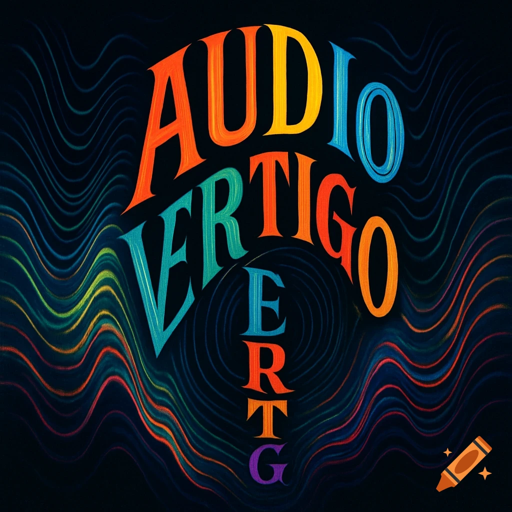 Stylized, colorful text "AUDIO VERTIGO" curves over wavy, colorful lines on a dark background ...