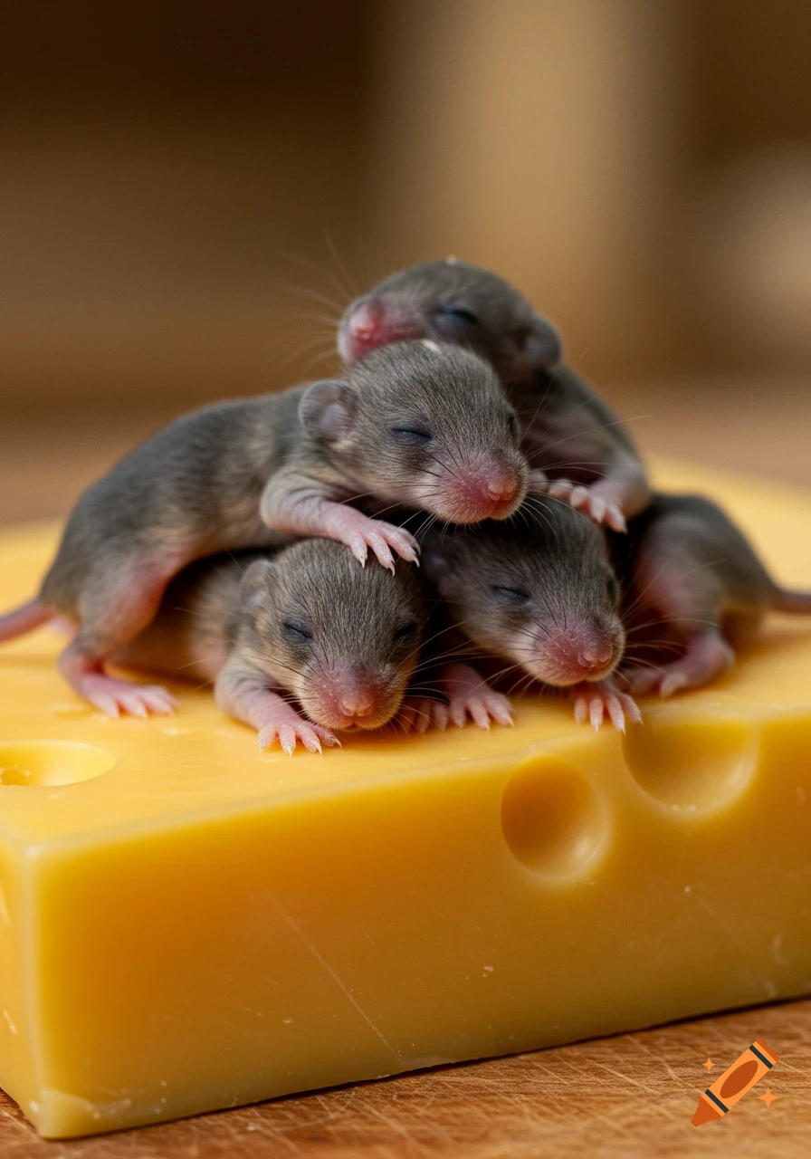 A pile of small, sleeping baby mice on a block of yellow cheese. on Craiyon