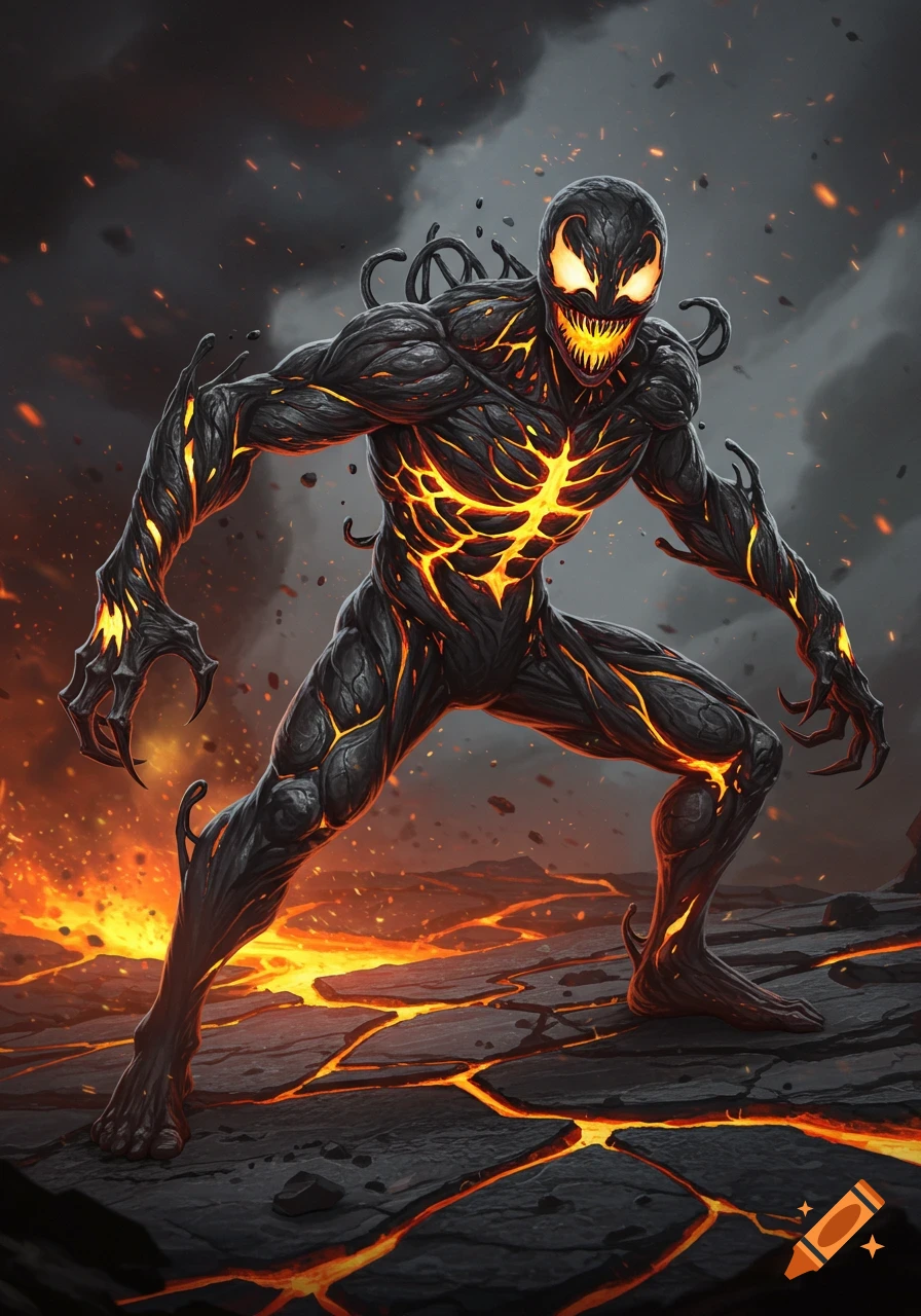 A powerful dark symbiote creature with glowing orange magma veins ...