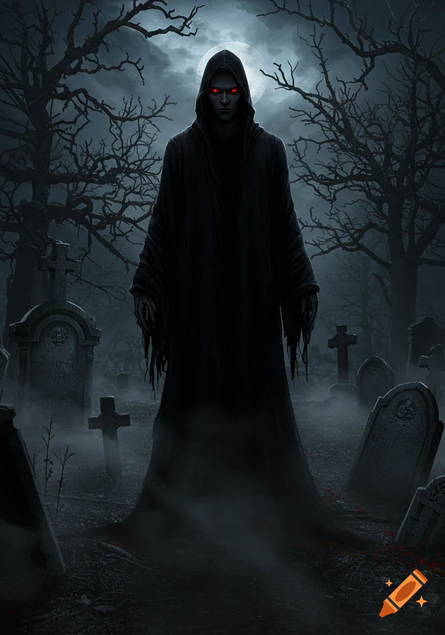 A dark hooded figure with glowing red eyes stands in a foggy, moonlit ...