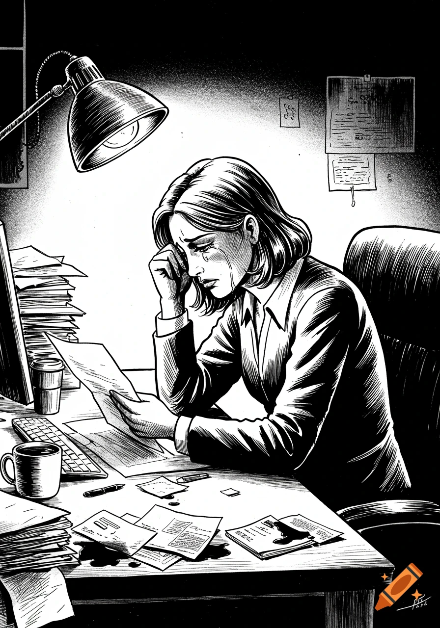 A black and white cartoon of a woman crying at a desk cluttered with ...