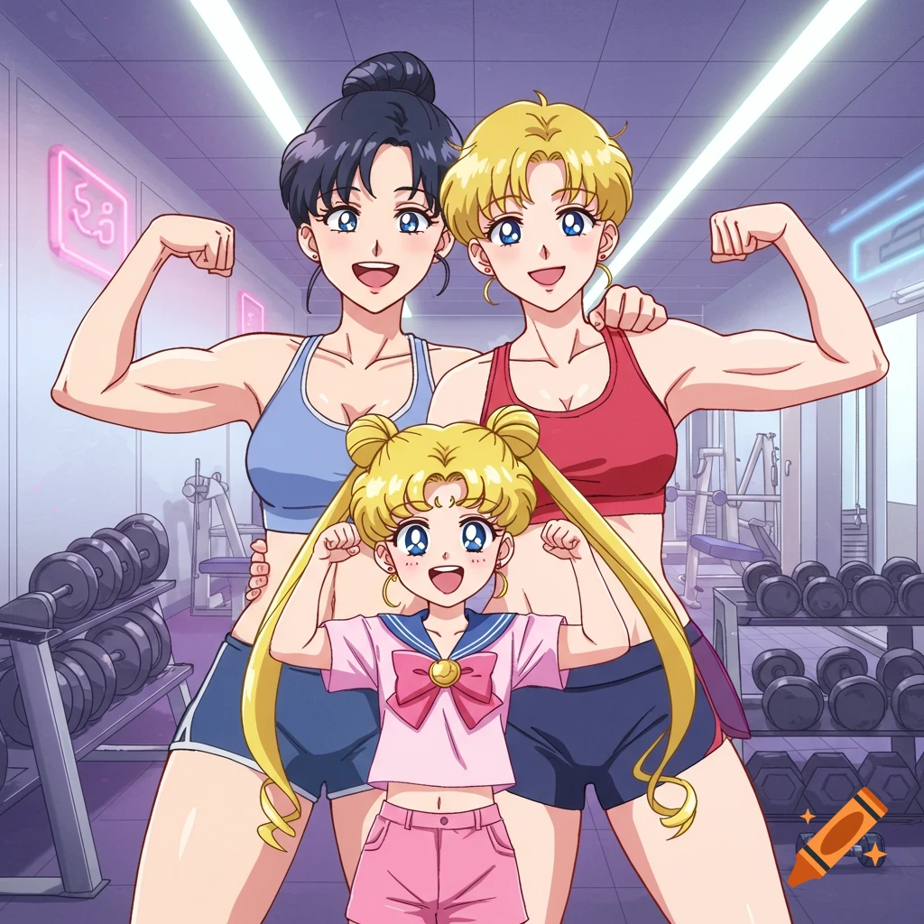 Two muscular women and a young girl in anime style flex their biceps in ...