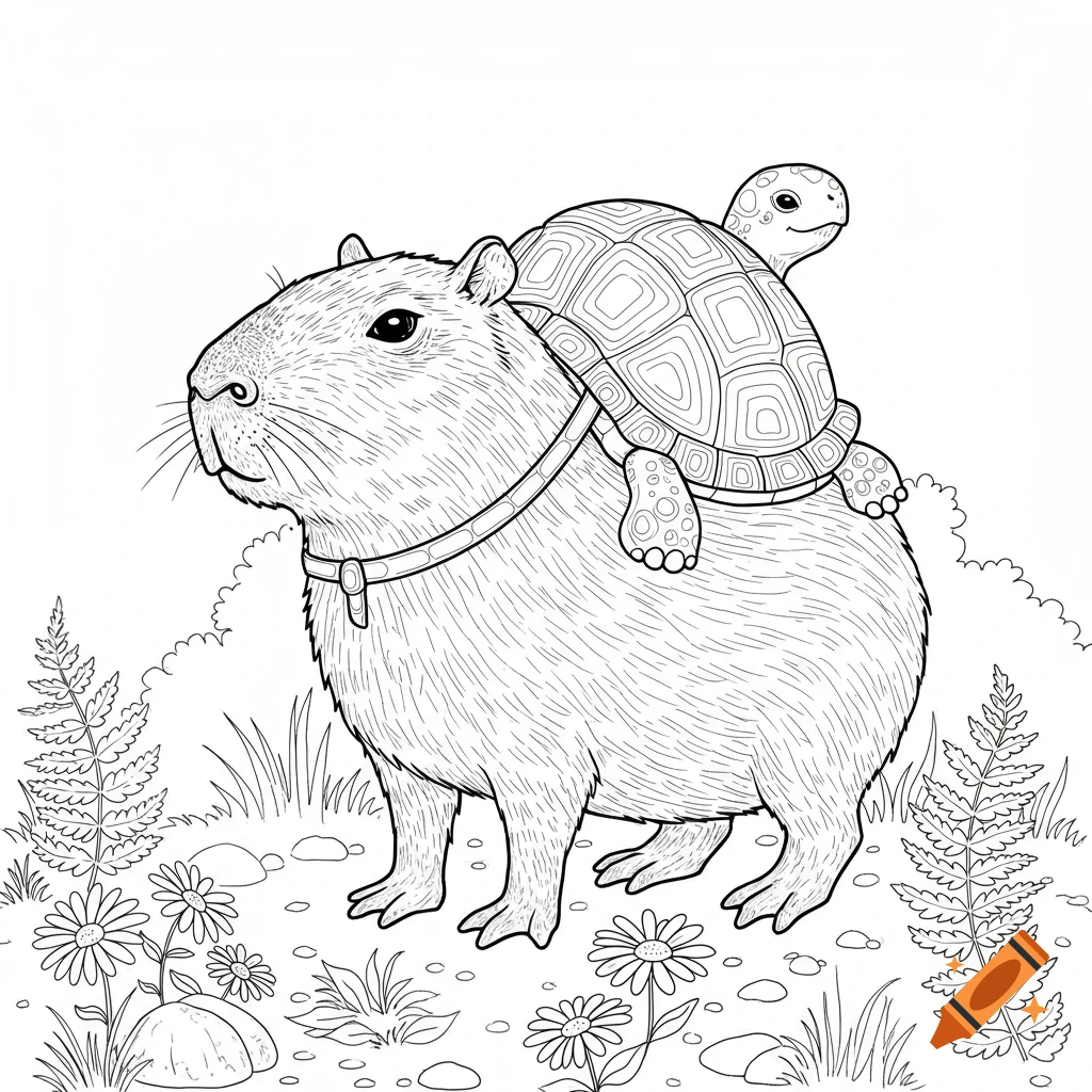 Line art coloring page of a capybara lying by a river in a lush jungle ...