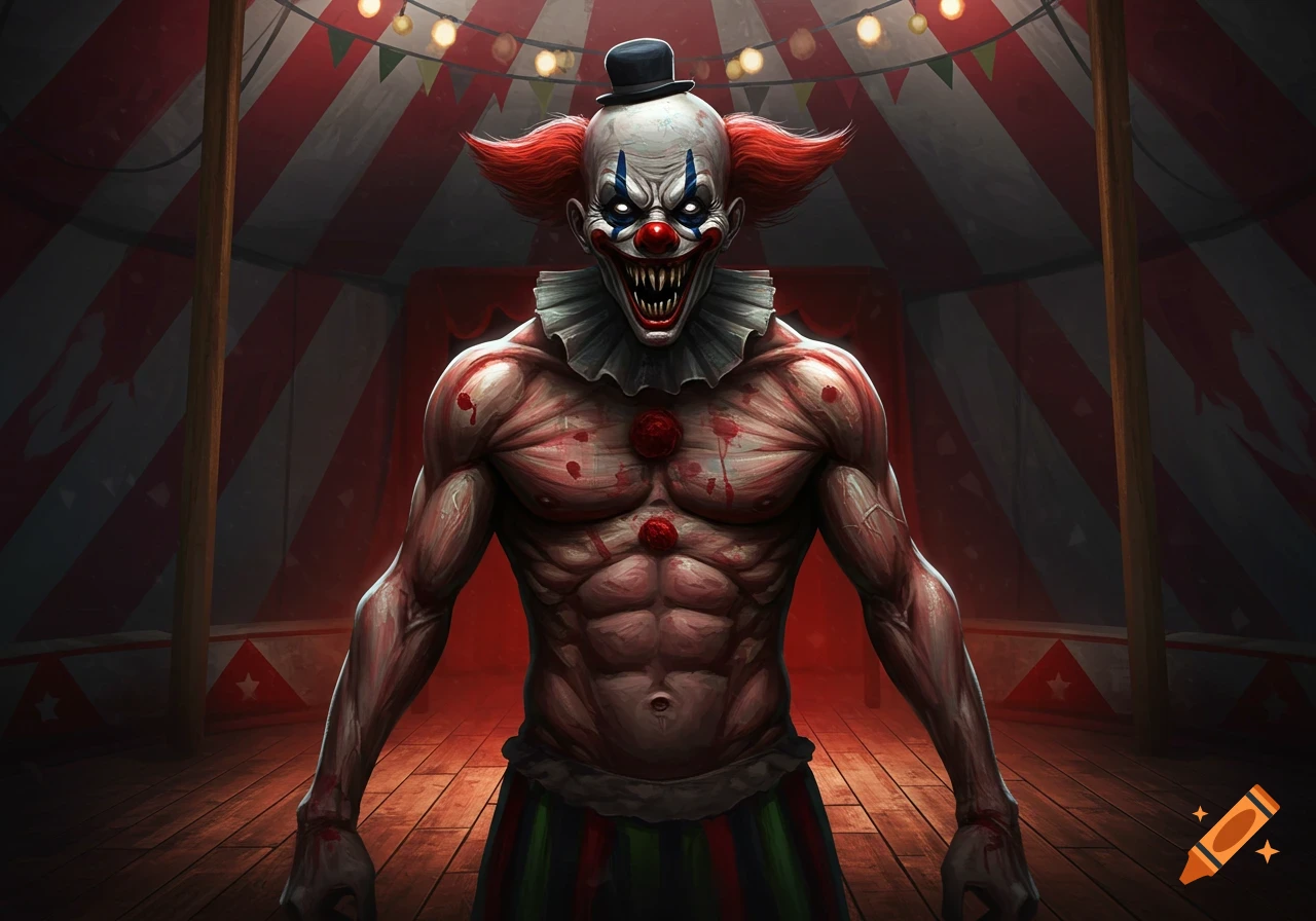 A muscular, menacing clown with sharp teeth and red hair stands in a ...
