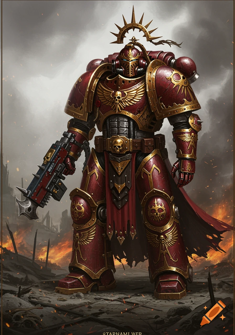 A female warrior in red and gold power armor with large wings and a ...