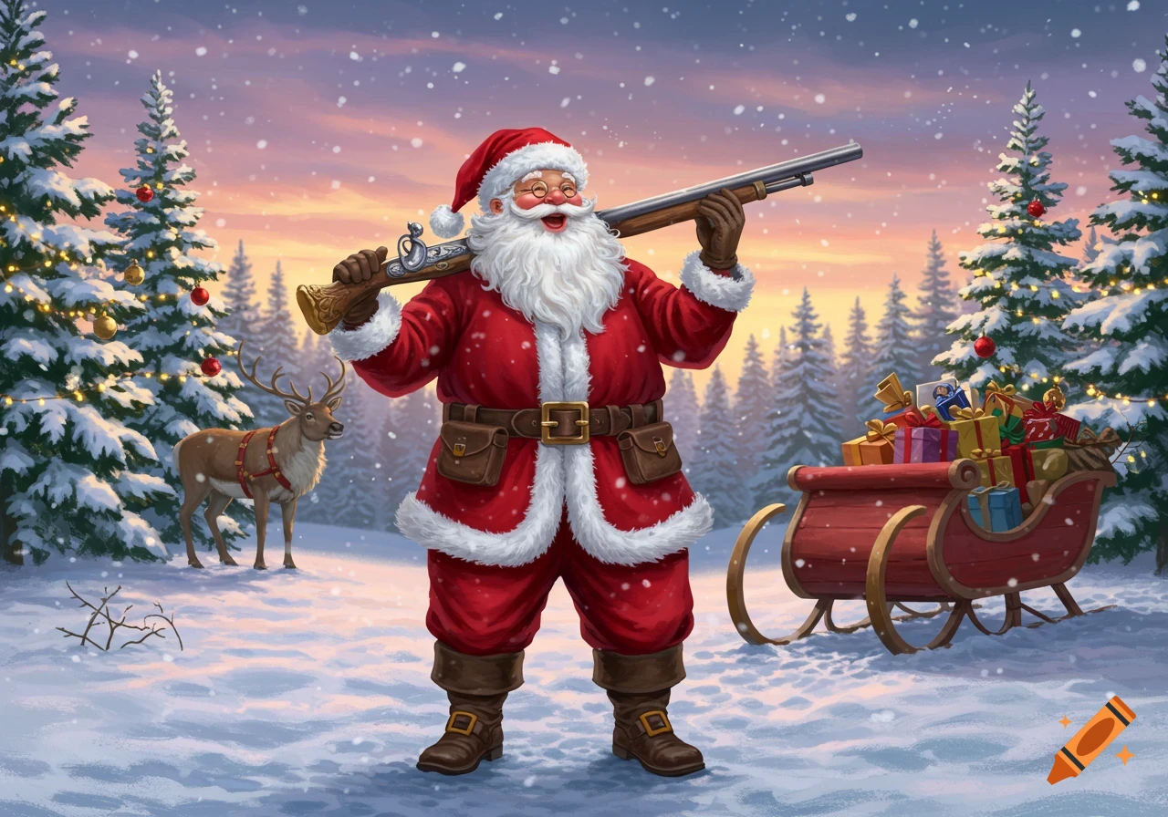Santa Claus holding a blunderbuss in a snowy forest with a reindeer and ...
