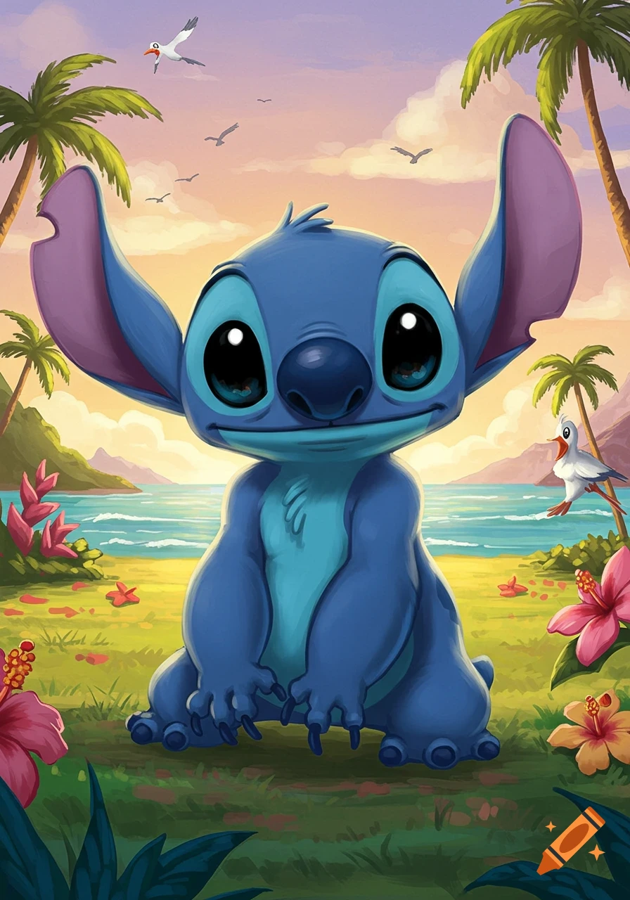 Cartoon illustration of Stitch sitting on a wooden sign that reads ...