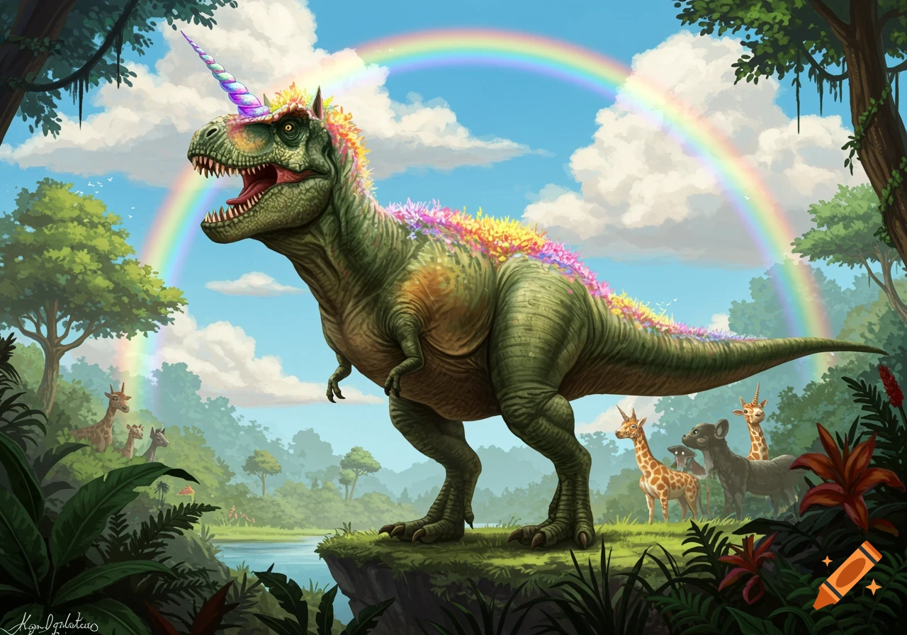 A large T-Rex stands in a lush jungle, with three small human ...