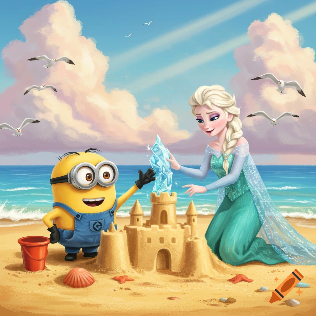 A Minion in a yellow dress rides a glowing hoverboard down a neon-lit ...