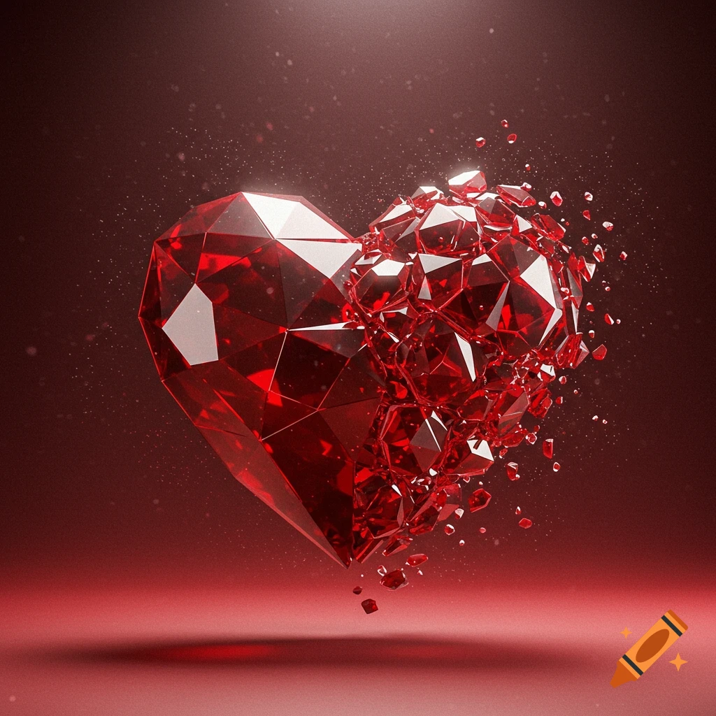 A vibrant red geometric crystal heart shattering into shards against a ...
