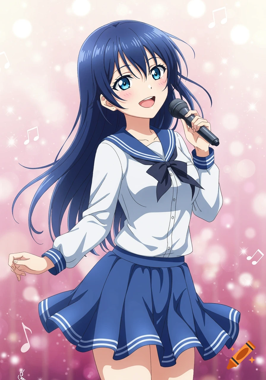 Anime girl with blue hair in a sailor uniform sings into a microphone ...