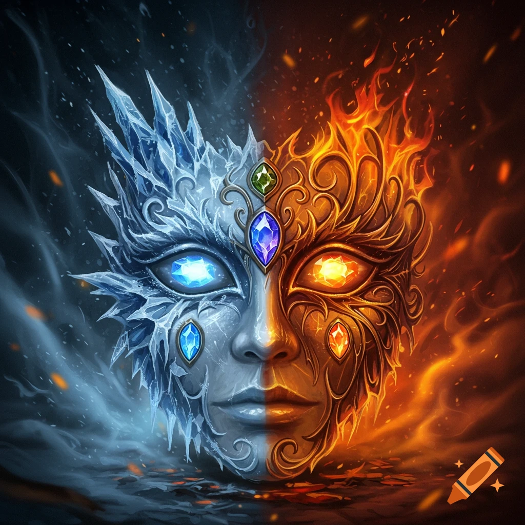 A detailed mask split in silver-blue and gold, adorned with branches ...