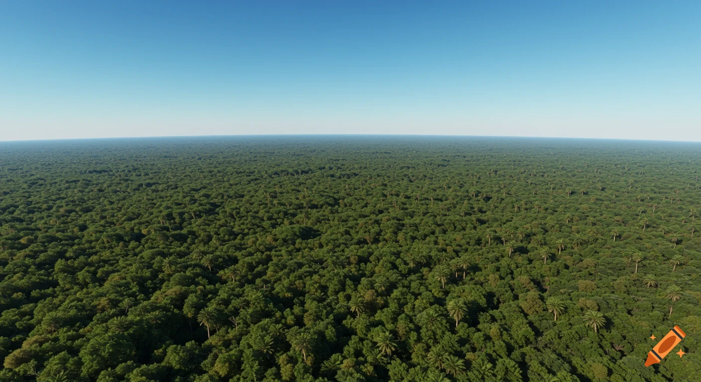 Aerial view of a vast, dense green jungle canopy under a clear blue sky, extending to a flat ...