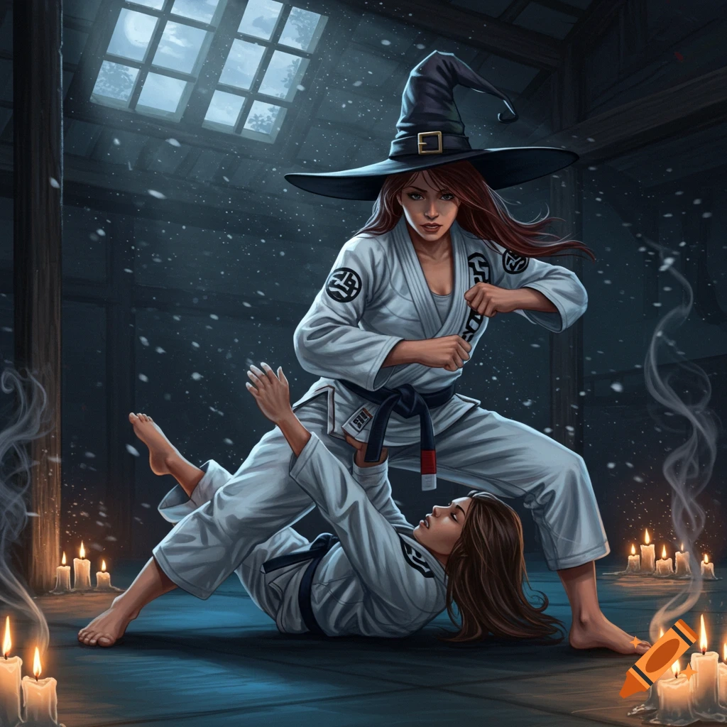 Cartoon Santa Claus in a white judo gi and black belt, standing in a snowy forest next to a log ...