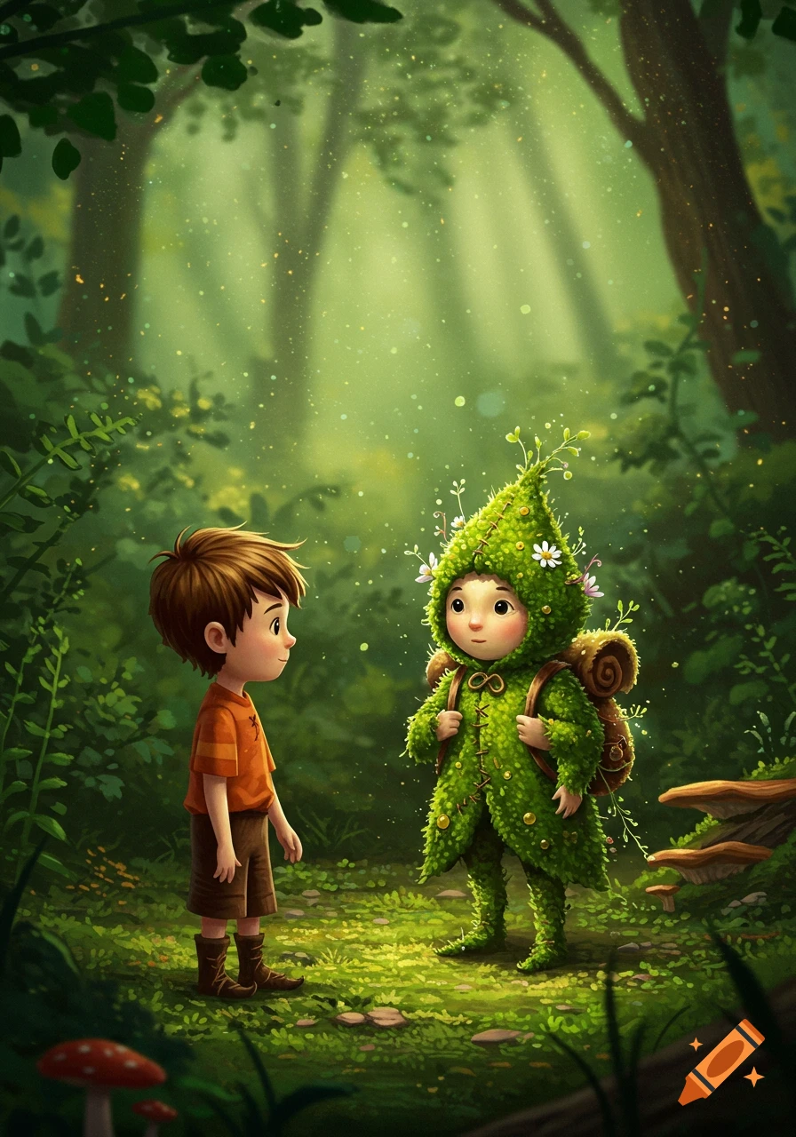 Whimsical illustration of a boy meeting a forest sprite made of moss ...