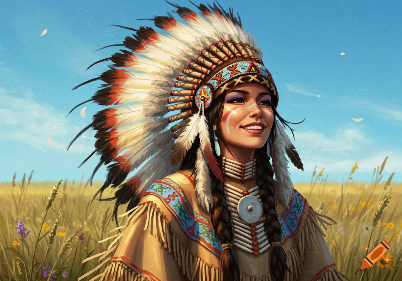 A smiling woman wearing a detailed Native American headdress and ...