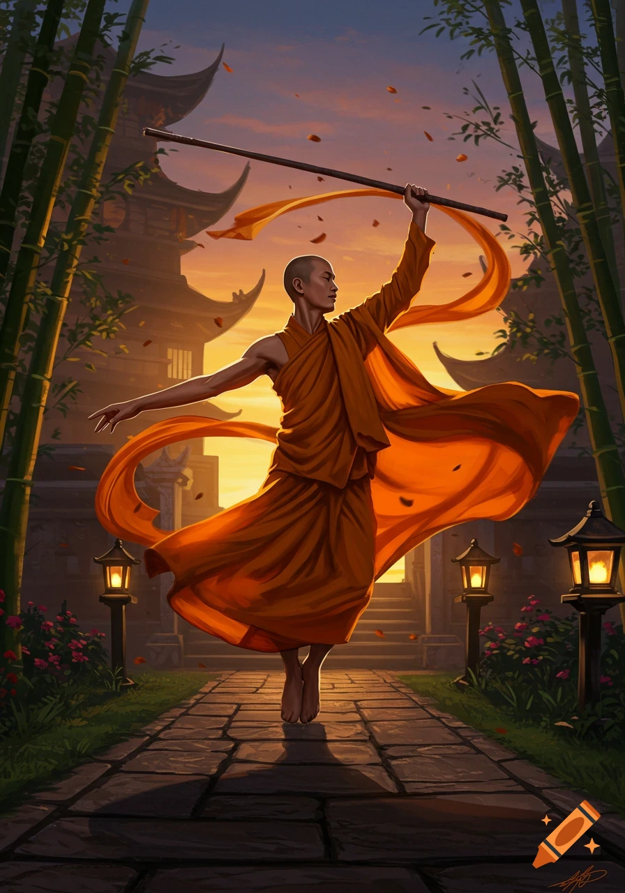 A bald monk in flowing orange robes poses dynamically with a staff on a ...