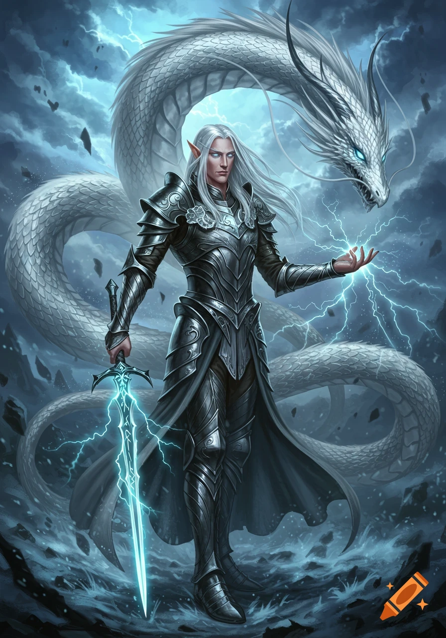 A female elf warrior with black and white hair, green eyes, holding a ...