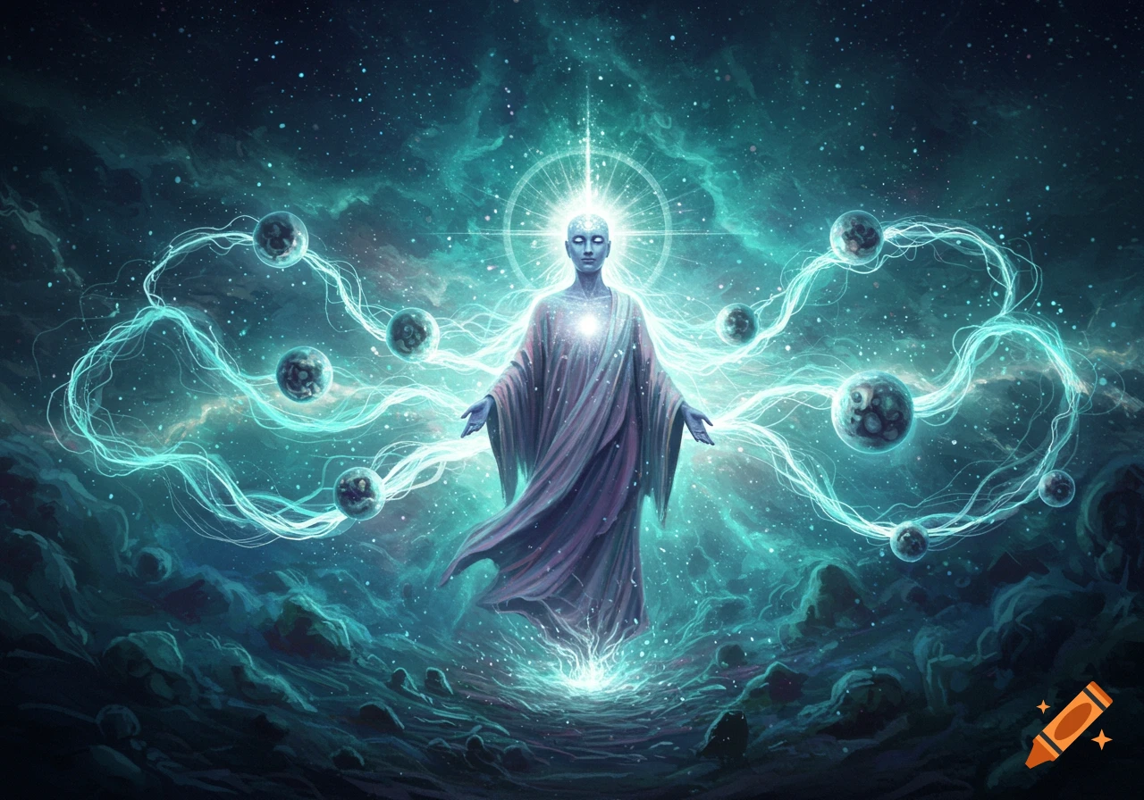 A robed, hooded figure with closed eyes holds a glowing Earth in a ...