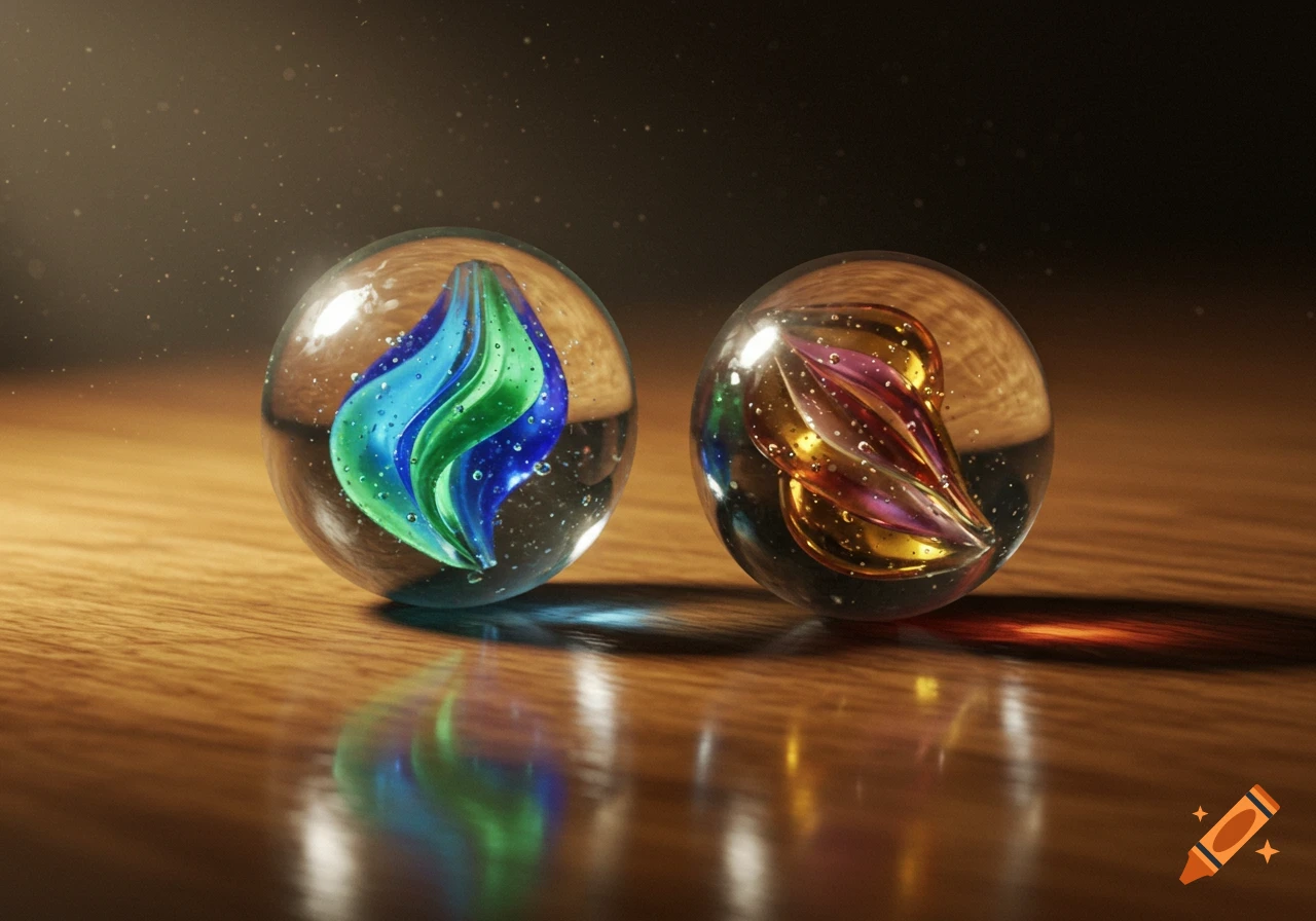 Two ornate glass marbles, one with blue and green swirls, the other ...