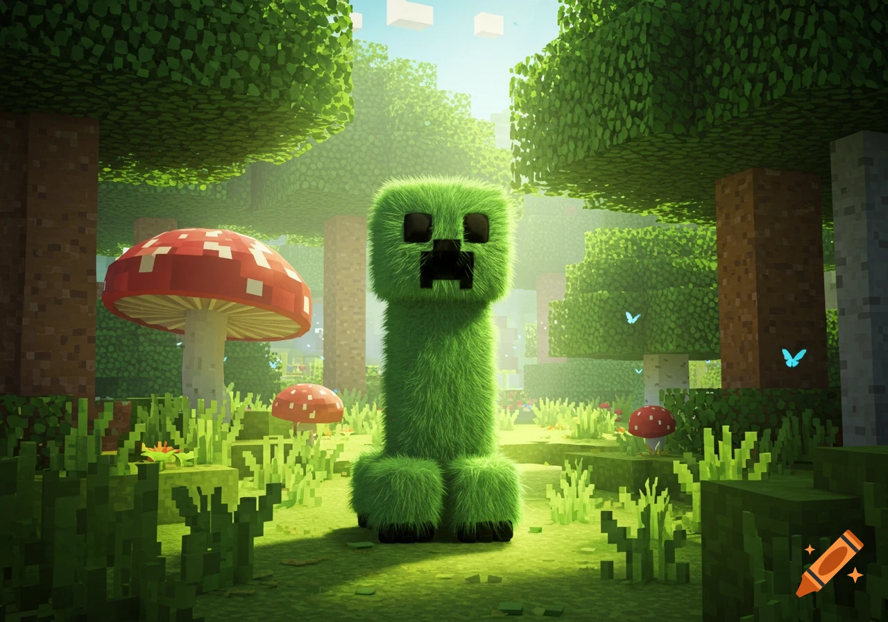 Minecraft Steve runs from a Creeper in a lush green blocky forest. on ...
