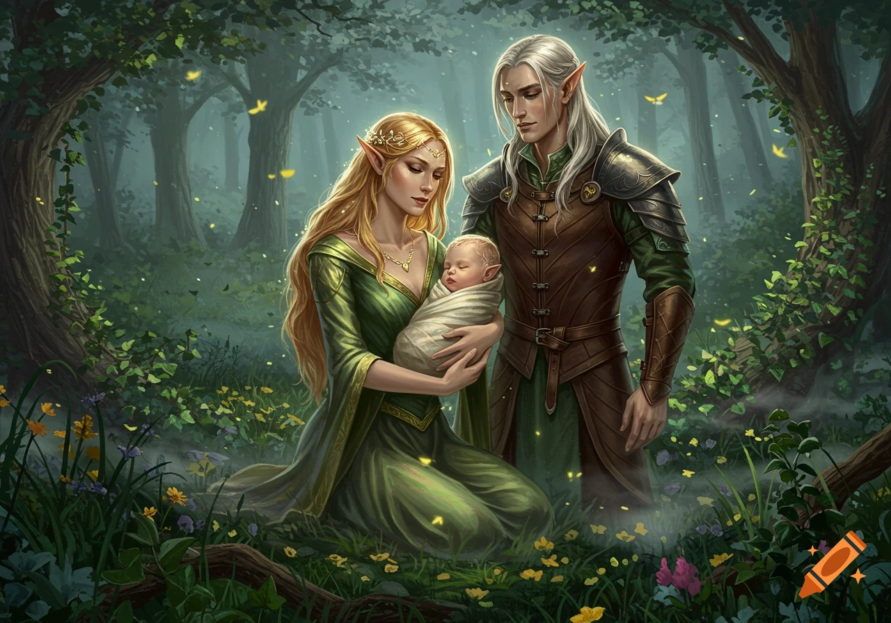 Digital painting of two elves embracing in a mystical, dark forest ...