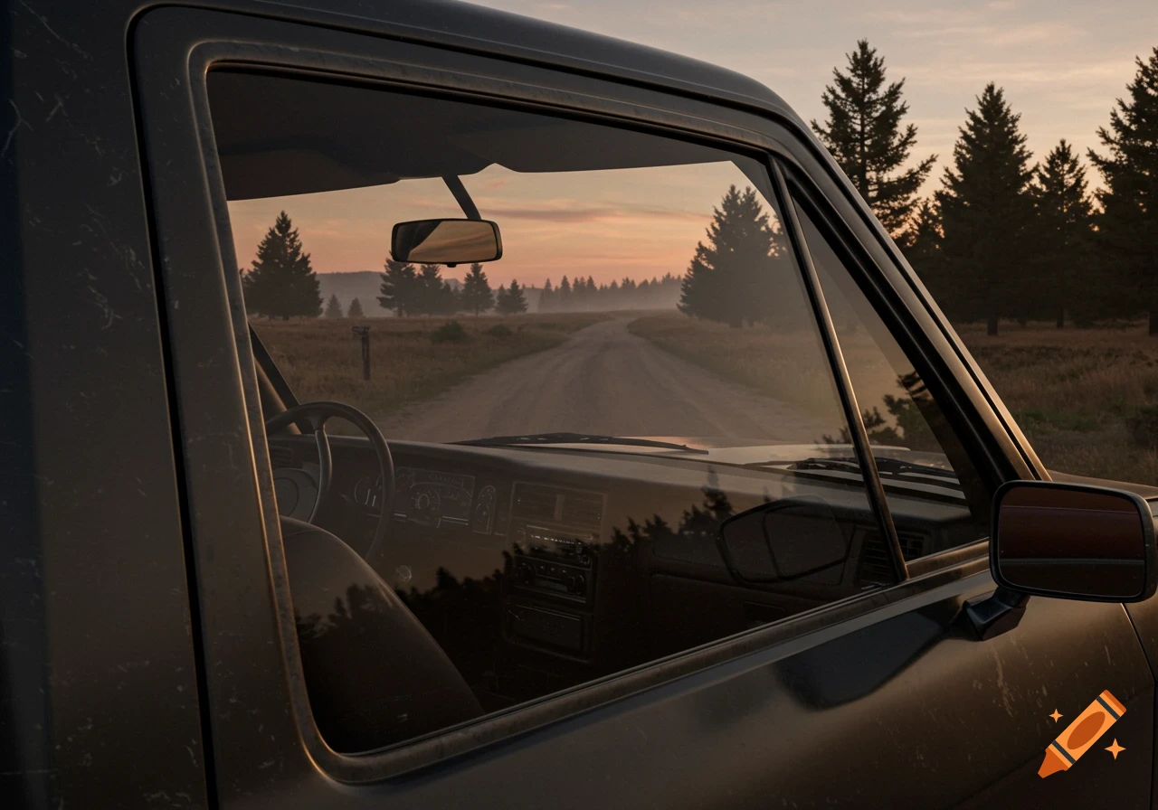 View from inside a tractor of an angry wolf with glowing yellow eyes on ...