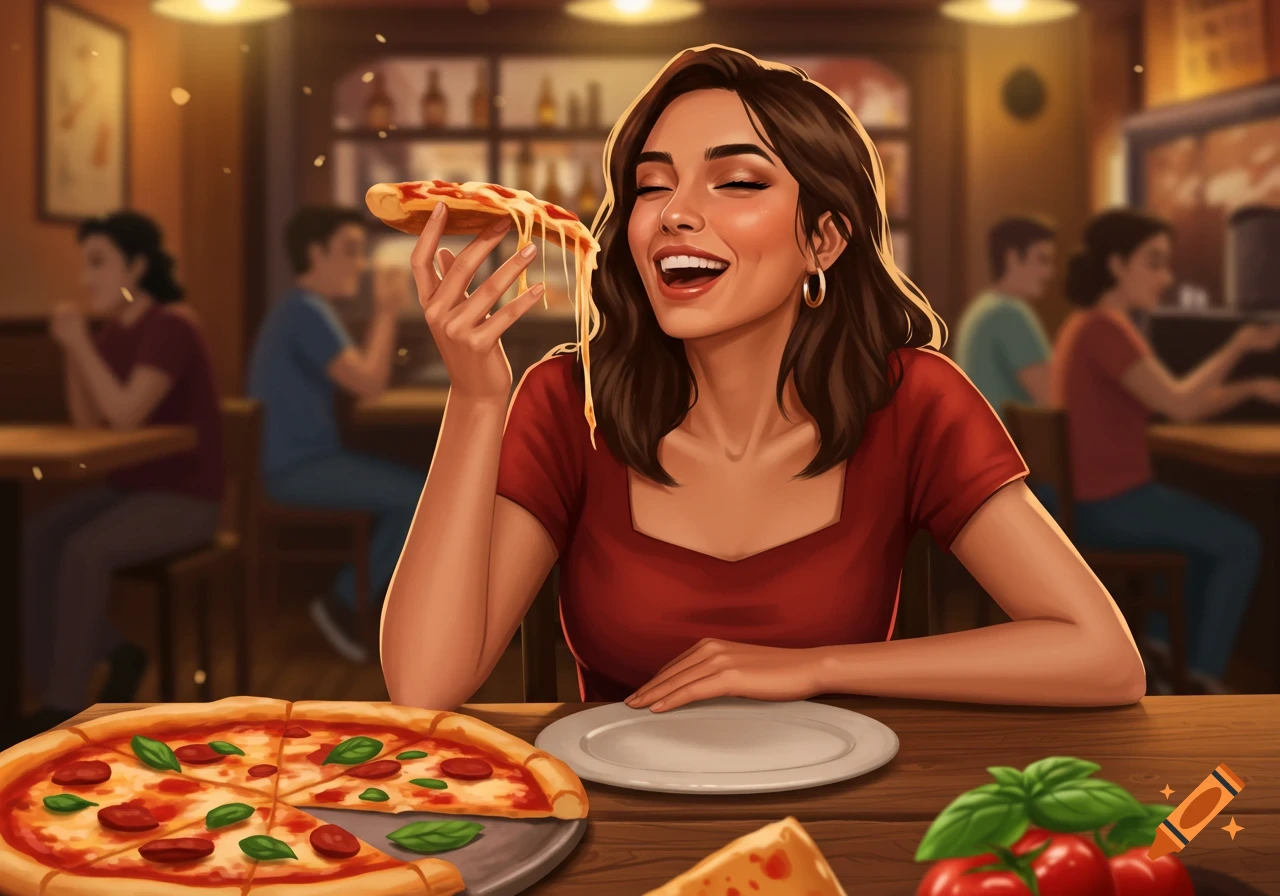 Smiling woman enjoying a slice of pizza with melted cheese, inside a ...