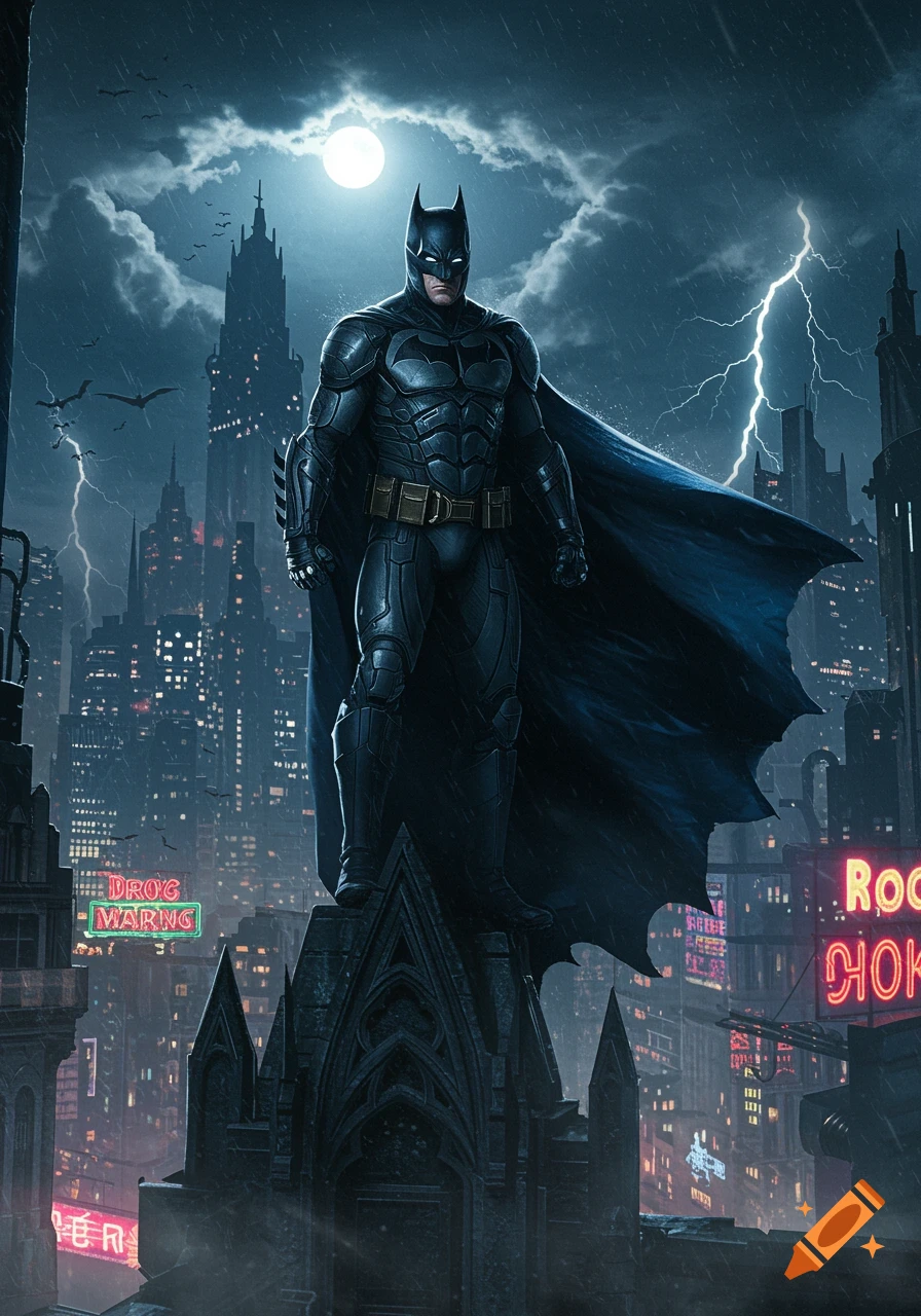 Batman in a grey suit and yellow Timberland boots crouches on a rainy ...