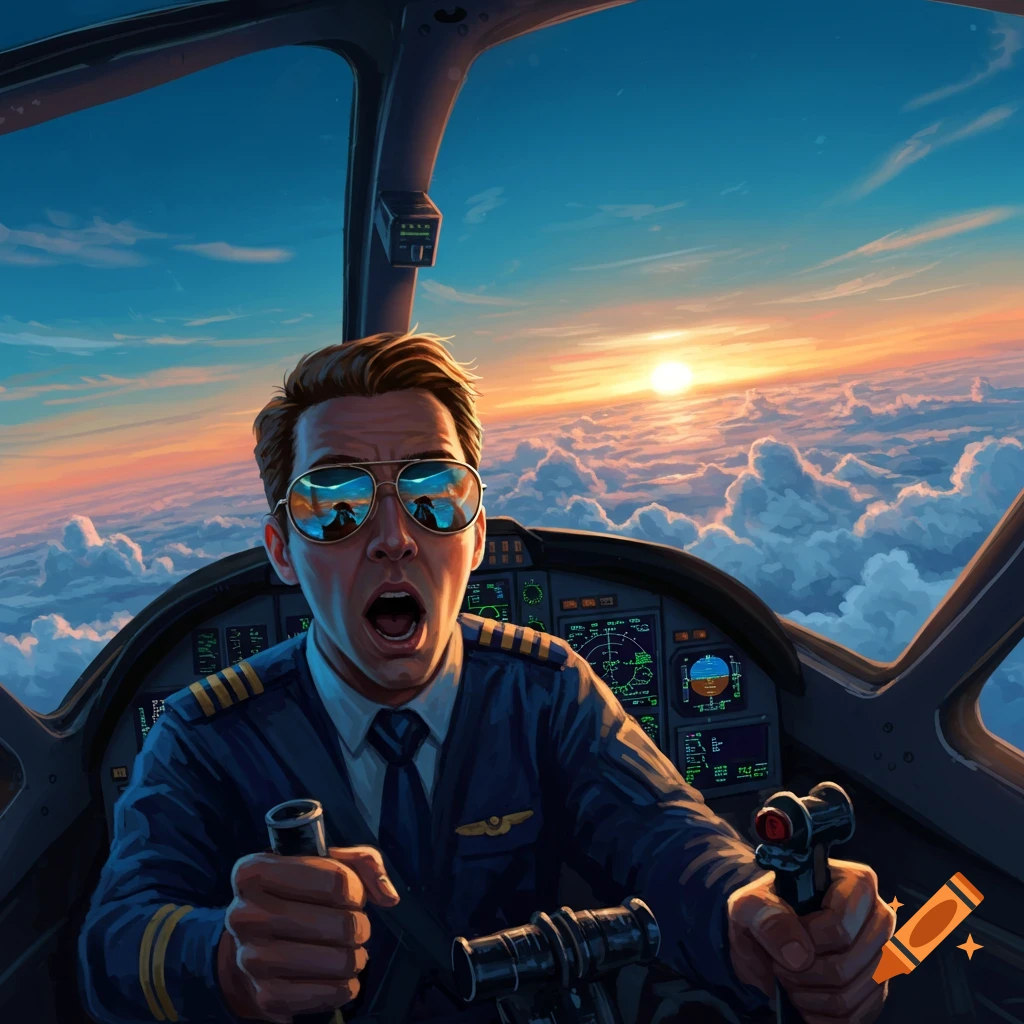 A pilot in a cockpit with a shocked expression, wearing sunglasses reflecting a sunset over ...