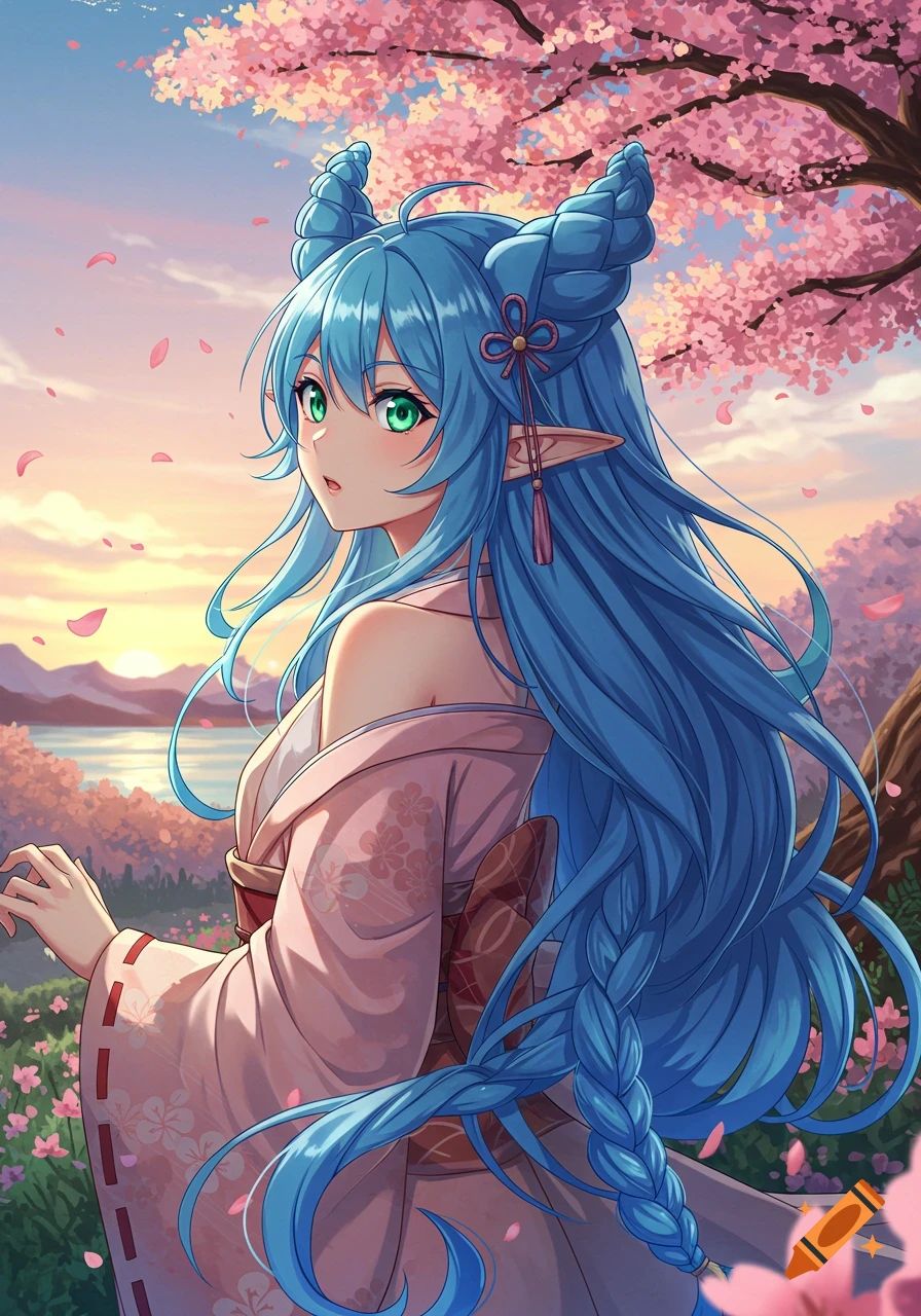 Anime girl in traditional white robes standing under cherry blossoms at ...