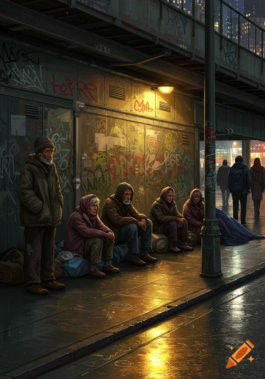 A group of elderly homeless people sit and stand under a dimly lit ...