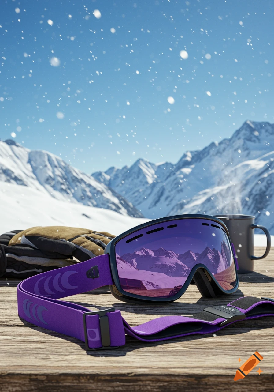 Close-up of purple ski goggles with a purple tint reflecting snowy ...