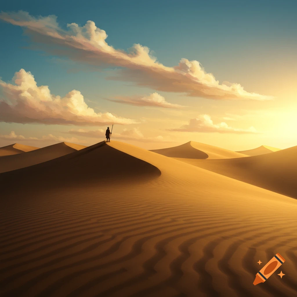 A lone figure stands atop a sand dune in a vast desert landscape under a cloudy sky with a ...