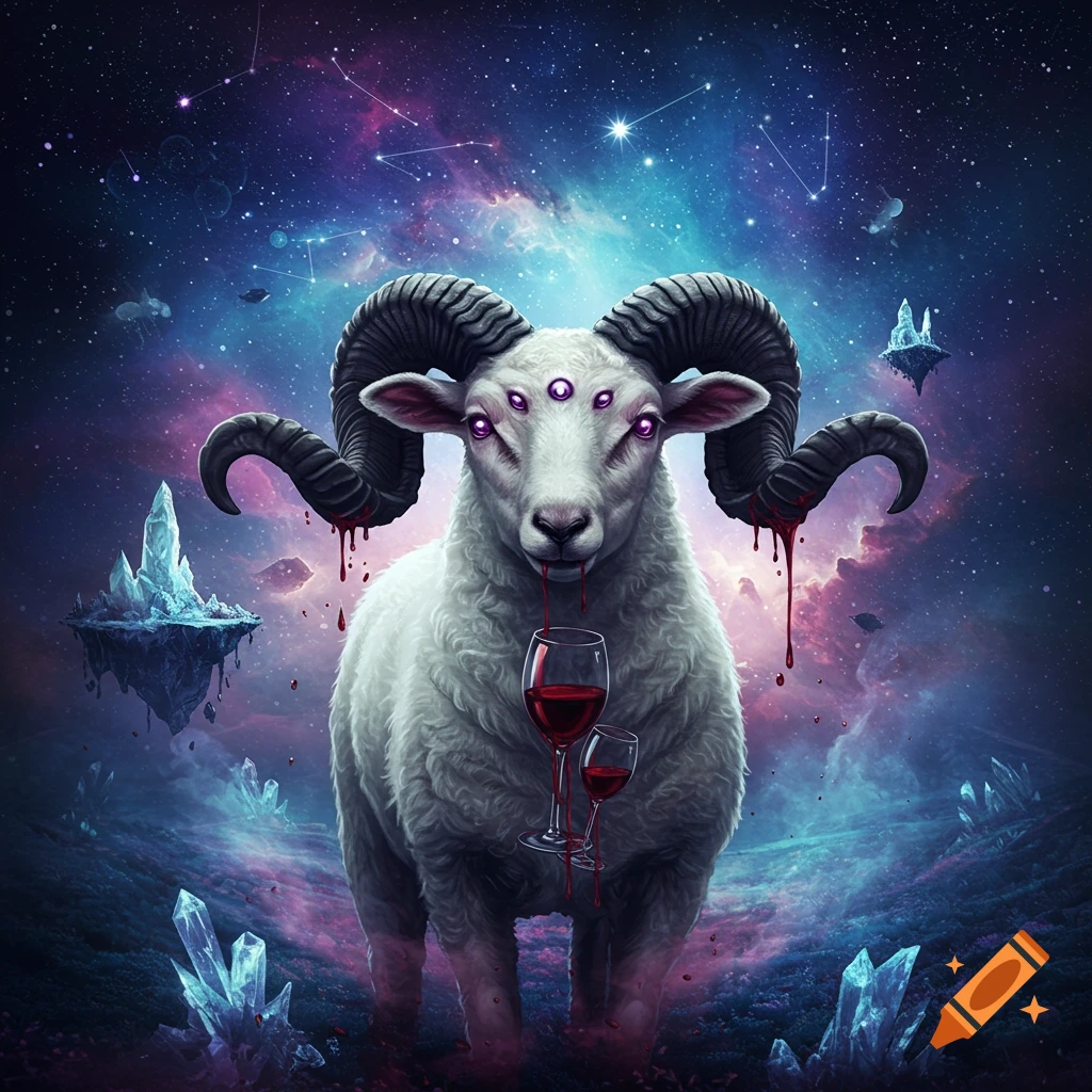 A fluffy red sheep floats in a star-filled galaxy with planets and ...