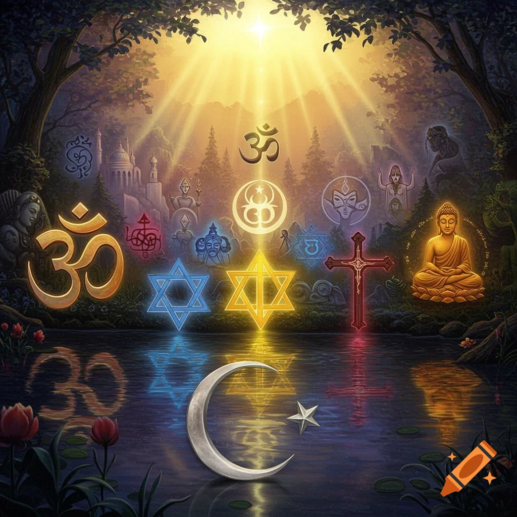 Diverse religious symbols including Om, Star of David, Cross, Crescent ...
