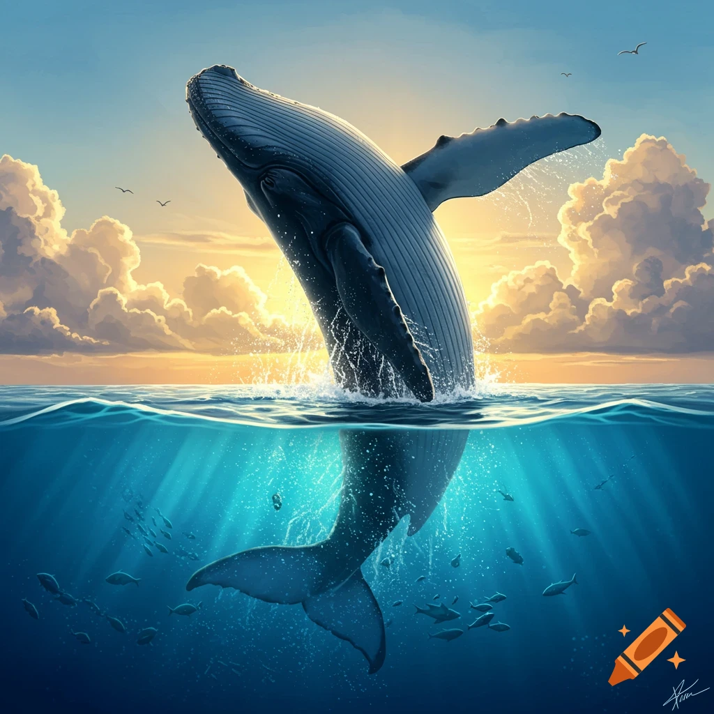 A majestic humpback whale breaches the ocean surface, splashing water ...