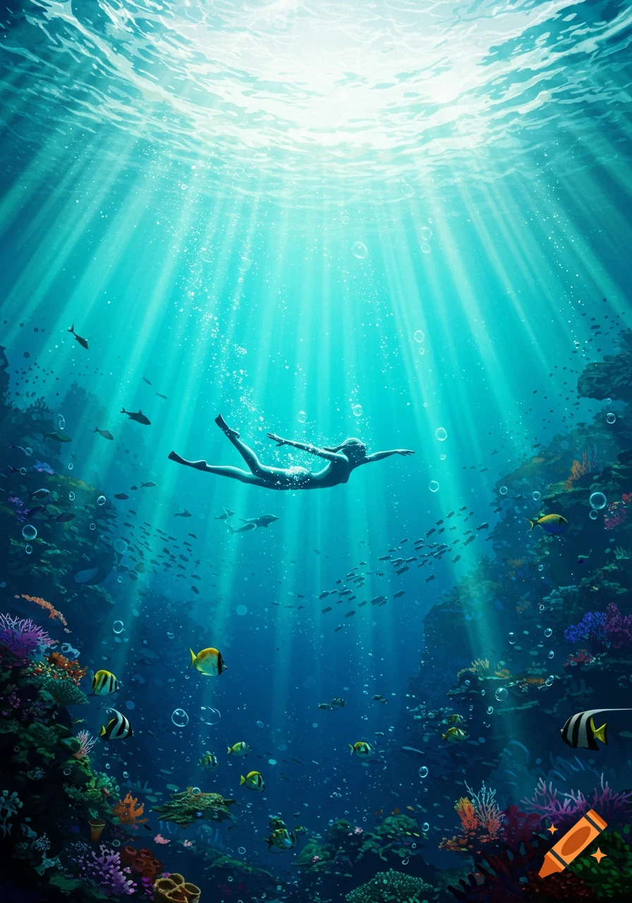 A female scuba diver in a white and blue wetsuit swims gracefully ...